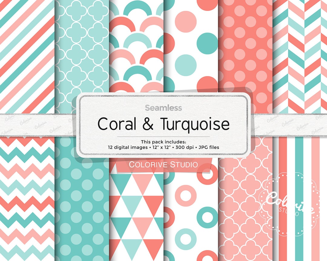 Coral & Turquoise Digital Papers, Polka Dot Chevron Stripes Scales ...