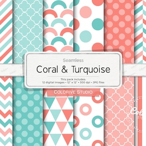 Coral & Turquoise Digital Papers, Polka Dot Chevron Stripes Scales ...