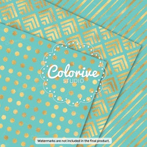 Turquoise and Gold Digital Paper Seamless Elegant Gold Foil Patterns on ...
