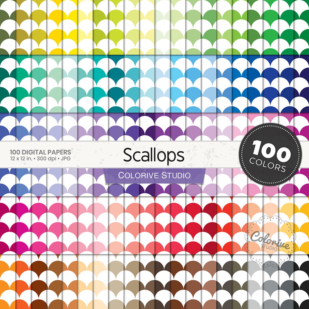 Scallops Digital Paper 100 Rainbow Colors Mermaid Scales Pattern Bright ...
