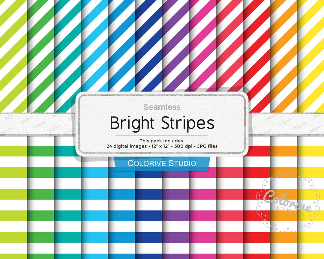 Bright Stripes Digital Paper, Diagonal and Horizontal Stripes Patterns ...