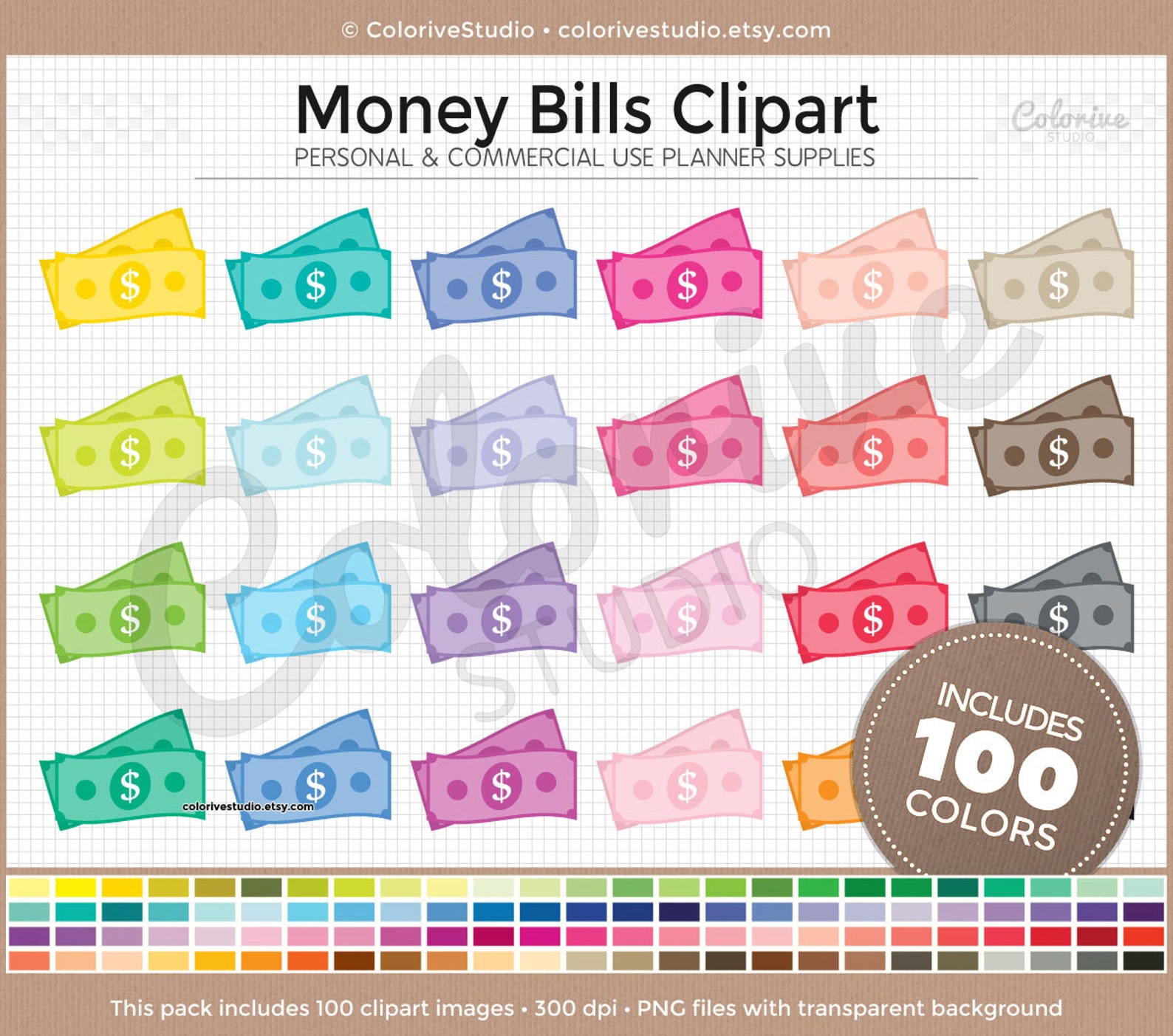 100 Money Bill Clipart Rainbow Colors Dollar Bill Budget | Etsy