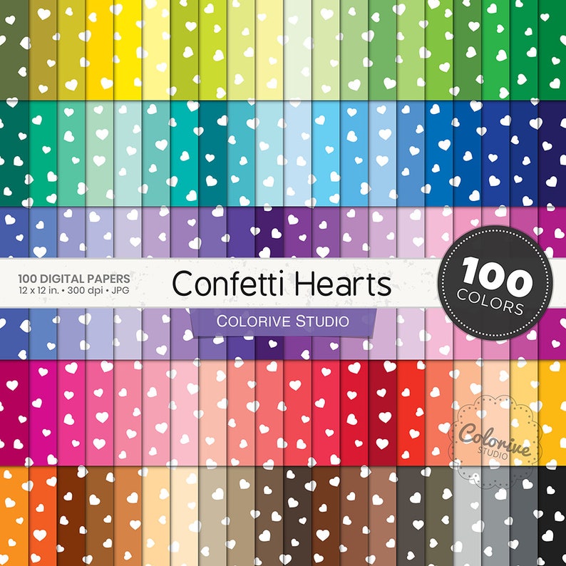 100 Confetti Hearts Digital Papers: Seamless Rainbow Love Pattern ...