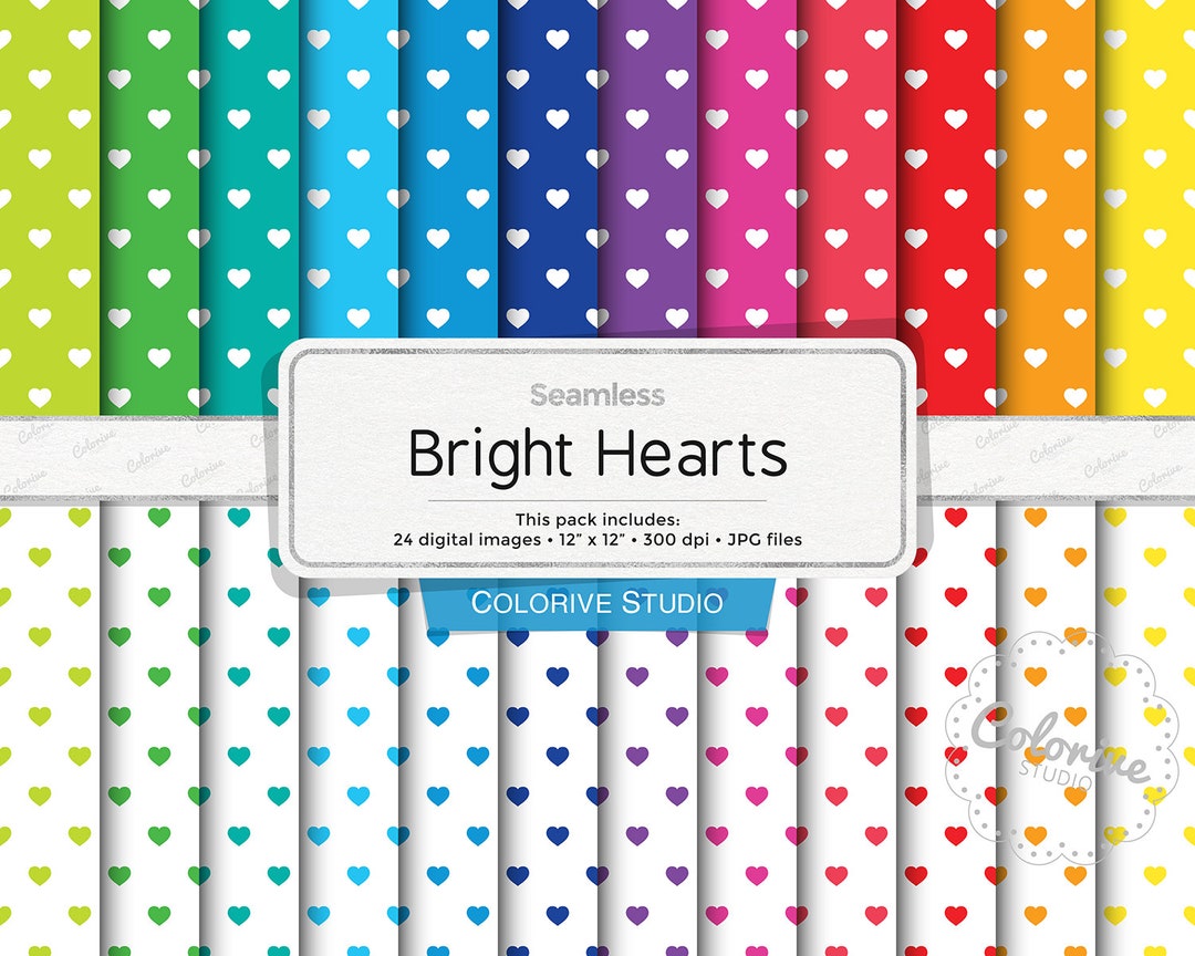 Bright Hearts Digital Paper, Rainbow Colors Heart Pattern With White ...