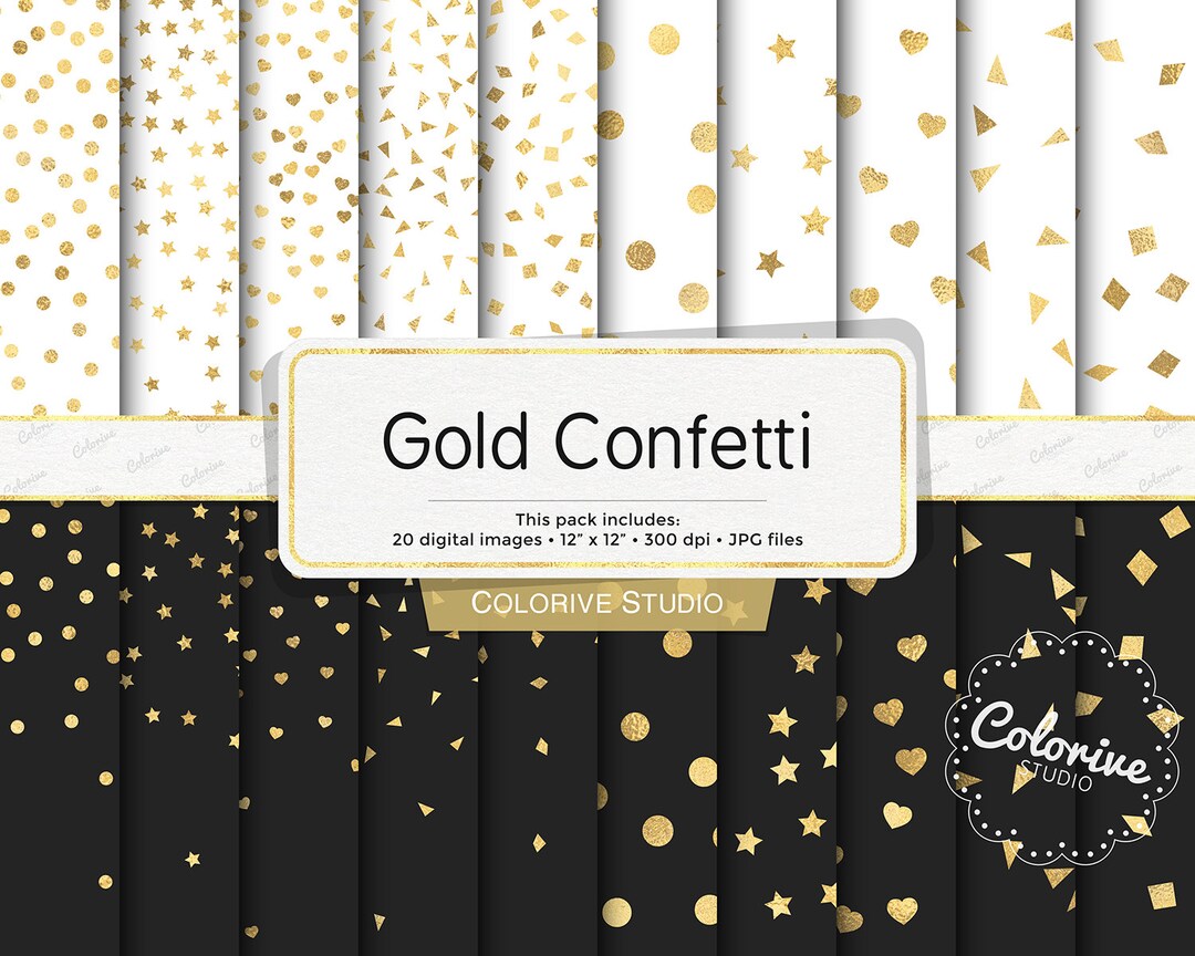 Gold Confetti Digital Paper, Black White and Gold Foil Confetti Dots ...