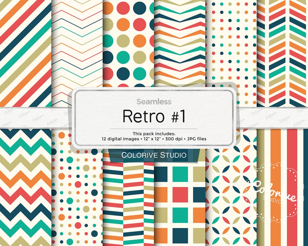 Retro Digital Paper, Stripes, Chevron, Polka Dot, Squares Geometric ...