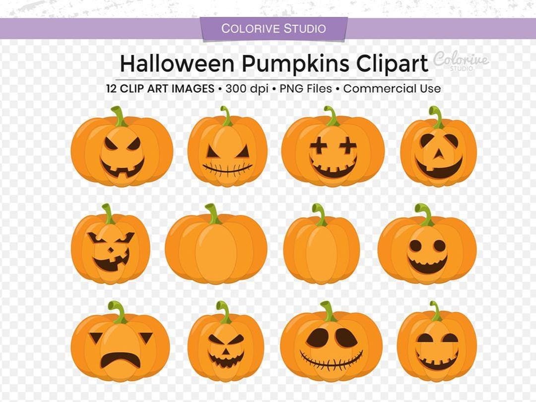 Halloween Pumpkin Faces Clipart: Spooky PNG Illustrations (digital ...