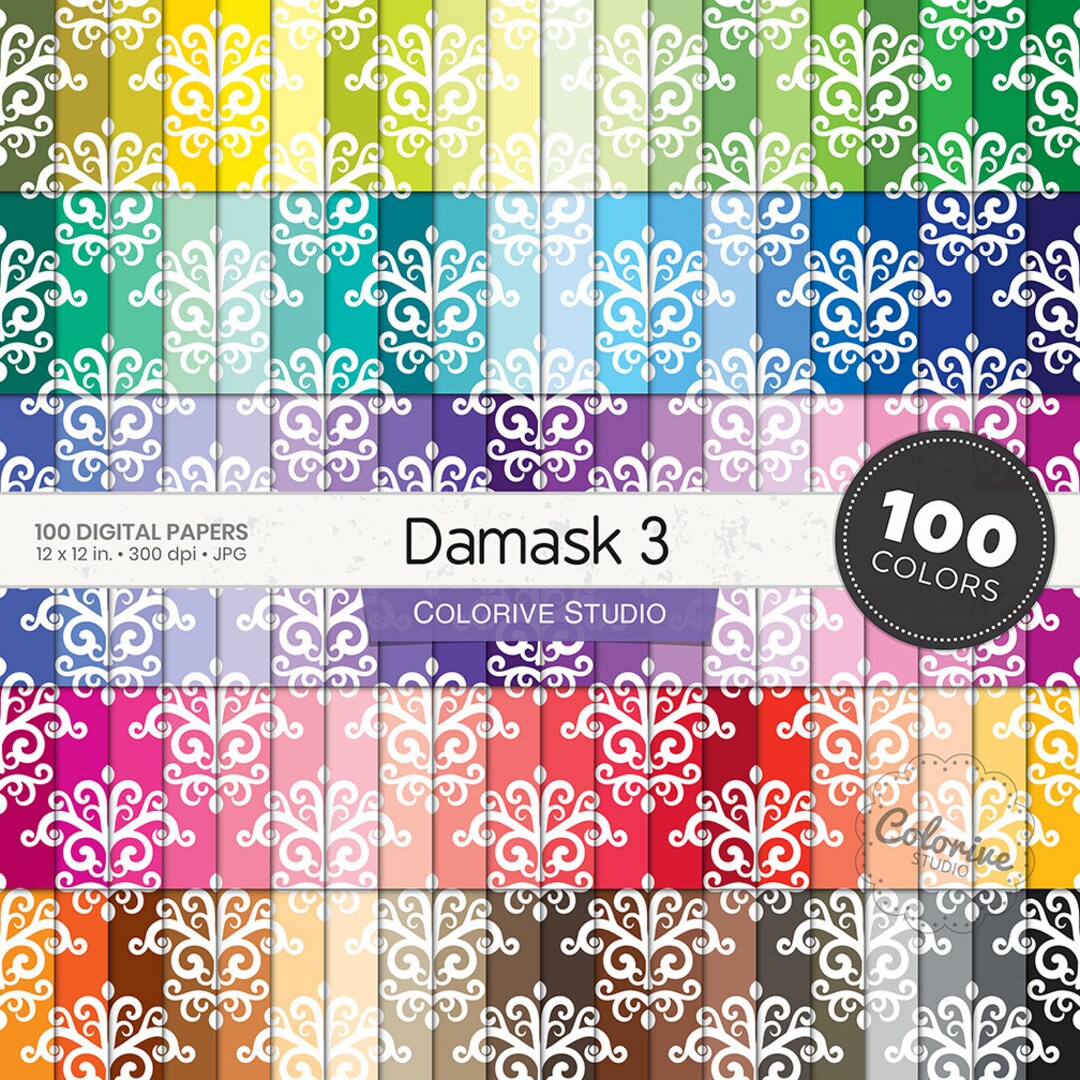 Damask 3 Digital Paper 100 Rainbow Colors Simple White Damask Pattern ...