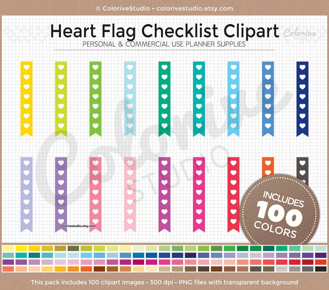 100 Heart Checklist Planner Clipart Rainbow Colors Mini Flag - Etsy