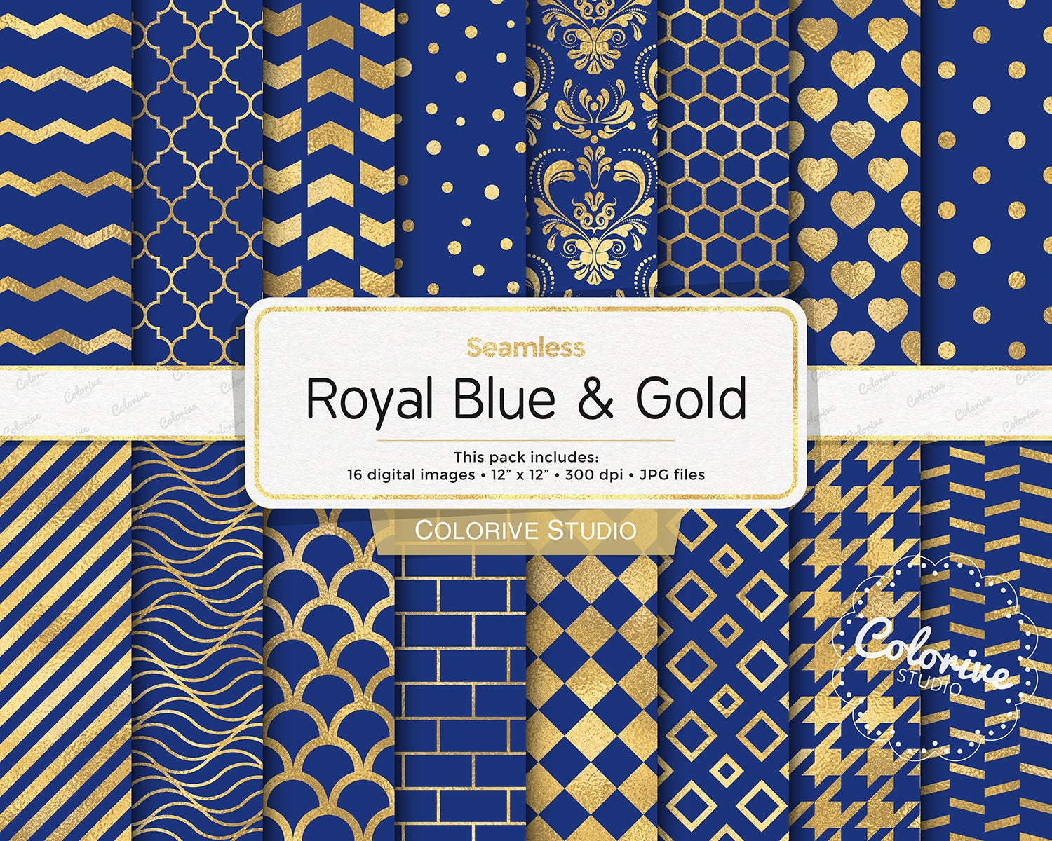 Royal Blue & Gold Digital Paper: Elegant Geometric Patterns (digital ...