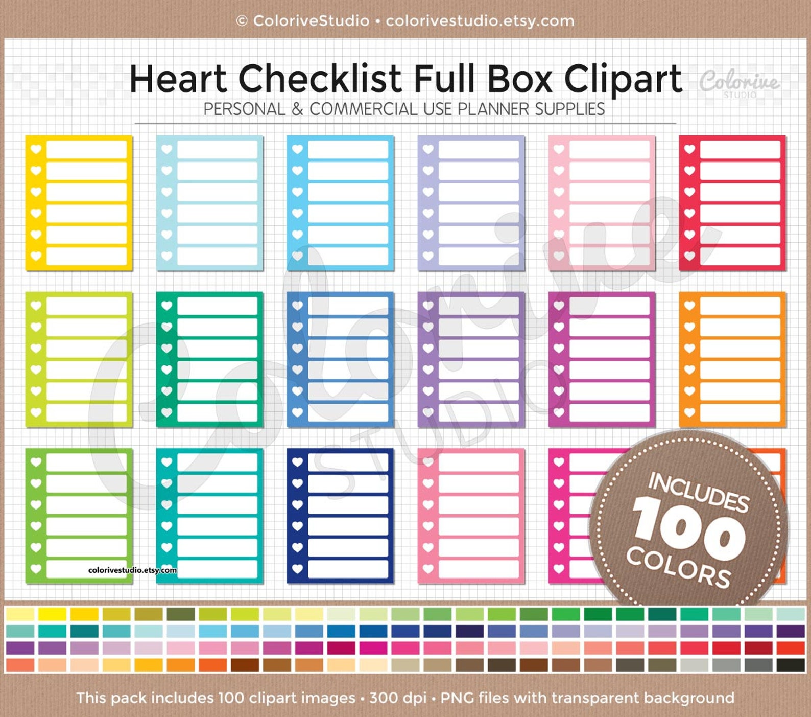 100 Heart Checklist Full Box Planner Clipart 6 Item List Erin - Etsy