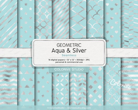 Aqua and Silver Digital Paper Seamless Geometric Silver Foil | Etsy