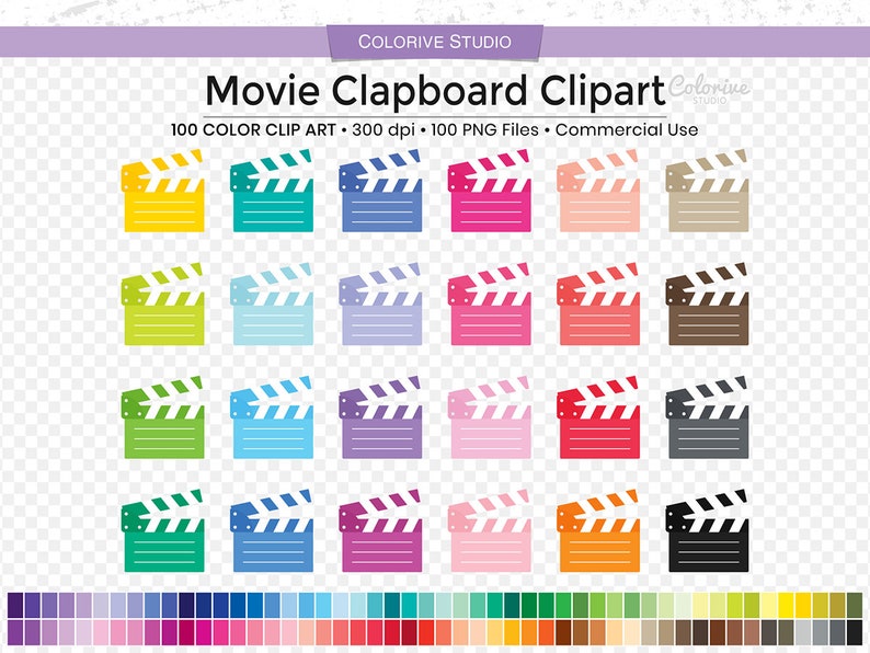 Rainbow Movie Clapboard Clipart: 100 PNG Illustrations (digital ...