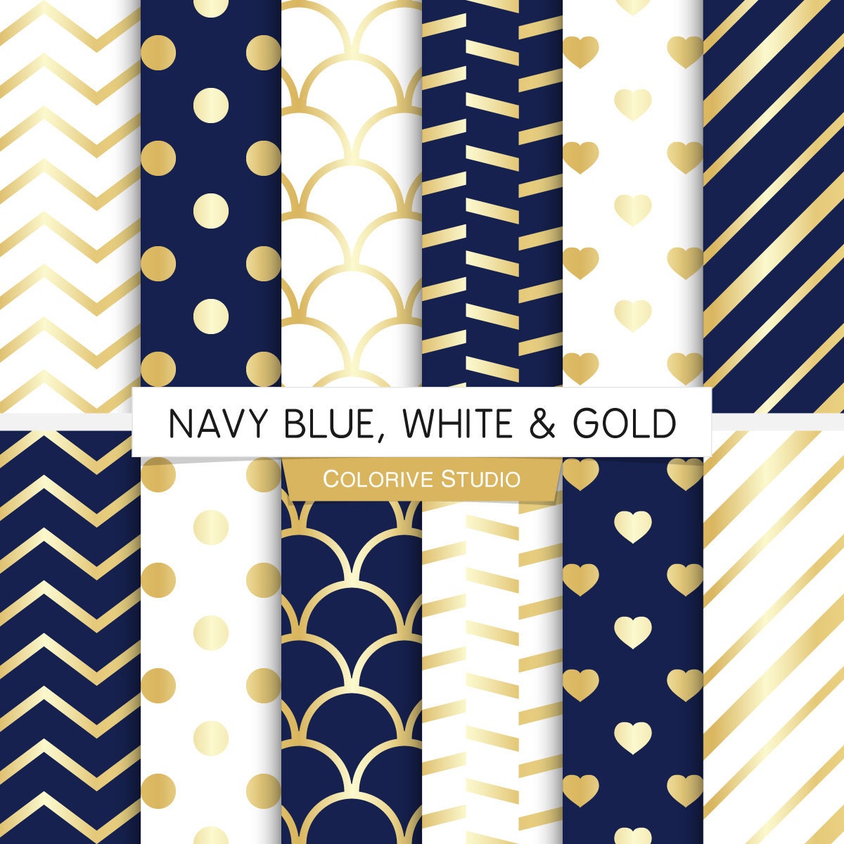 Navy Blue White & Gold digital paper navy dark blue and | Etsy