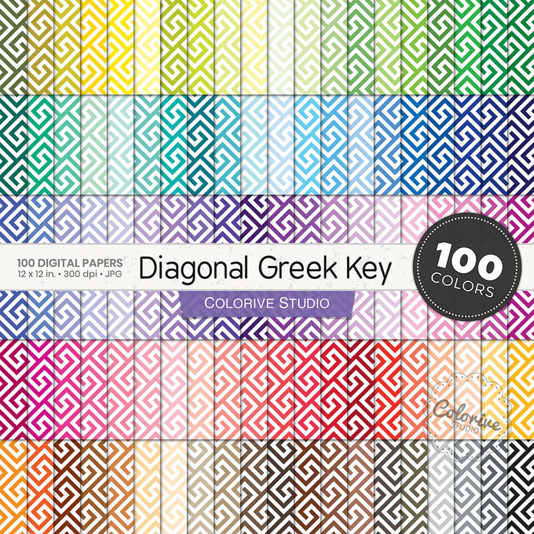 Diagonal Greek Key Digital Paper 100 Rainbow Colors White Geometric ...