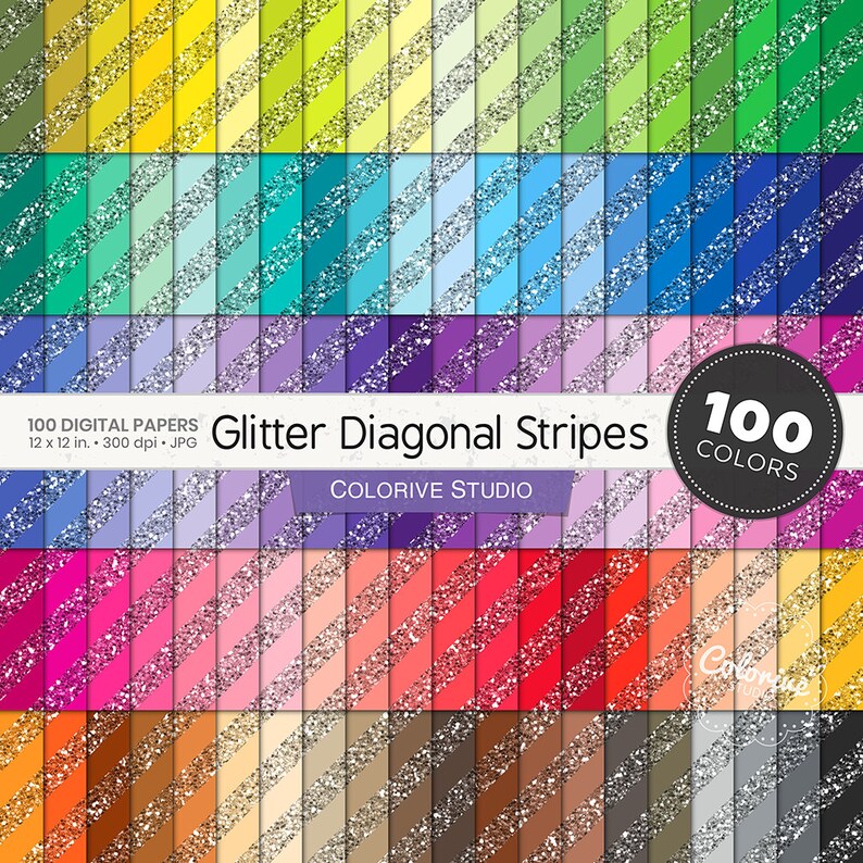 Glitter Stripes Digital Paper 100 Rainbow Colors Seamless Glitter ...