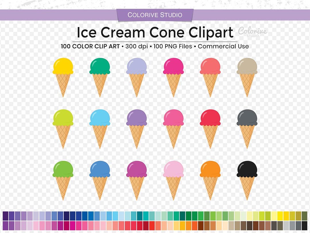 100 Ice Cream Cone Clipart in Rainbow Colors Ice Cream Dessert Summer ...