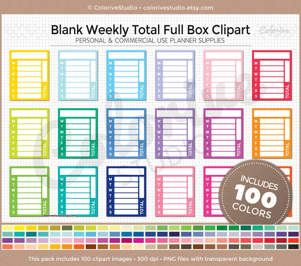 100 Weekly List Total Full Box Planner Clipart Blank Weekly - Etsy