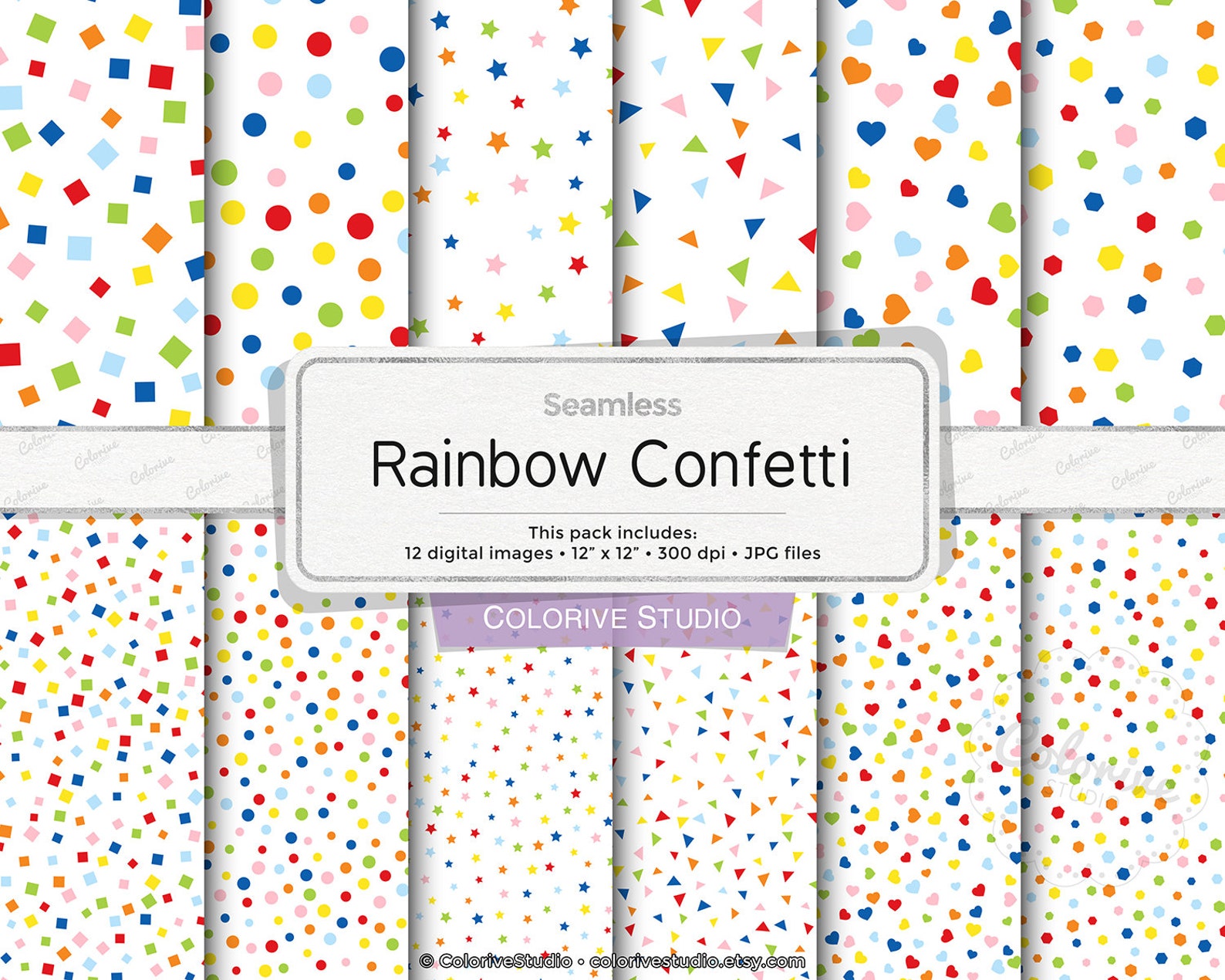 Confetti Digital Paper Colorful Rainbow Confetti Stars Dot | Etsy