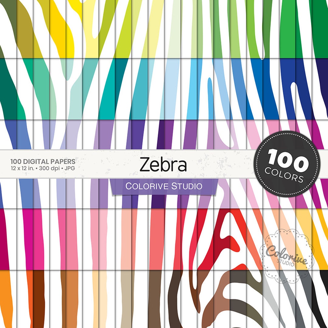 Zebra Digital Paper 100 Rainbow Colors Animal Print Safari Zebra ...