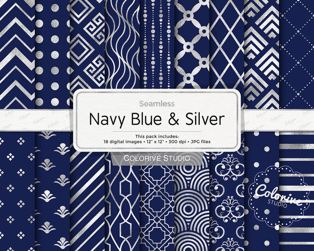 Navy Blue and Silver Digital Paper, Seamless Elegant Silver Foil ...