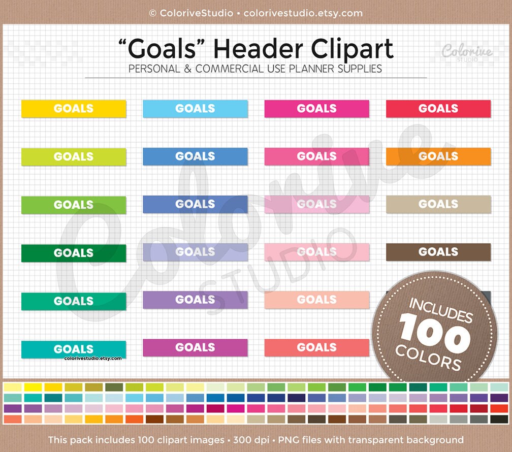 100 goals Rainbow Planner Clipart Goal Header Png | Etsy