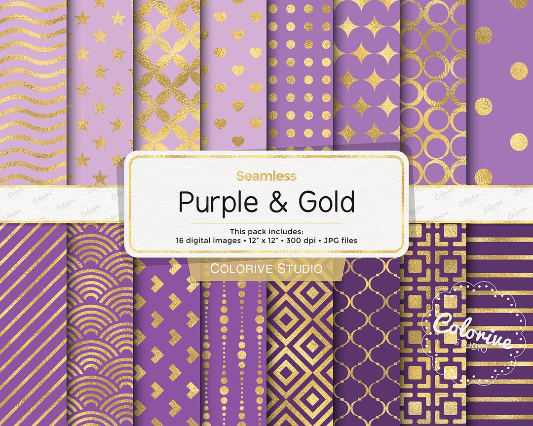 Purple & Gold Digital Paper, Seamless Purple Lilac Lavender Gold Foil ...