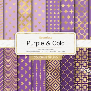 Purple & Gold Digital Paper, Seamless Purple Lilac Lavender Gold Foil ...
