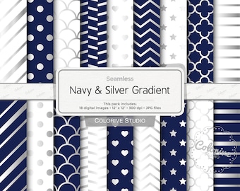 Stripes, Chevrons Digital Paper. Navy Blue, Silver Glitter Geometric ...