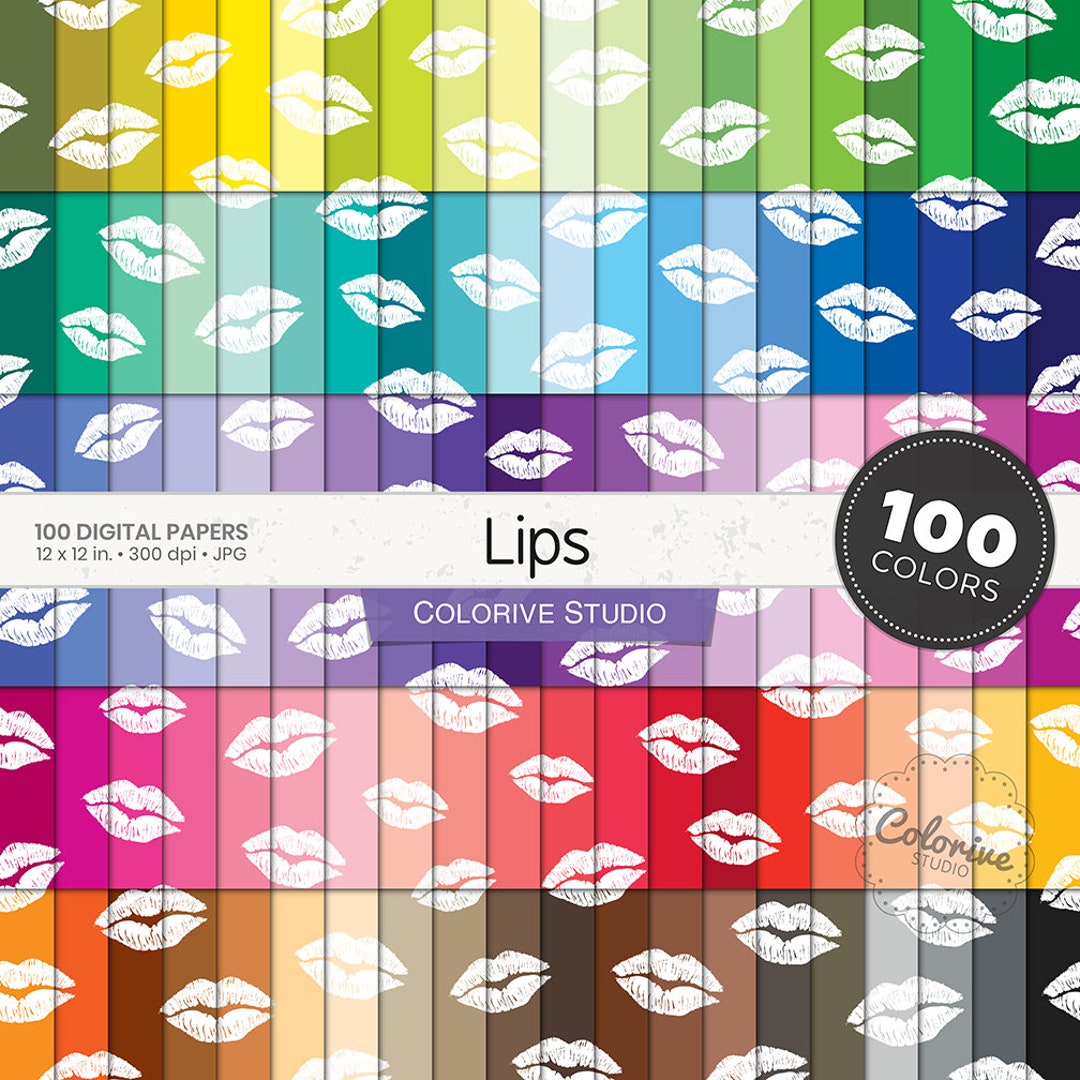 Lips Digital Paper 100 Rainbow Colors Lip Pattern Valentine Love Kiss ...