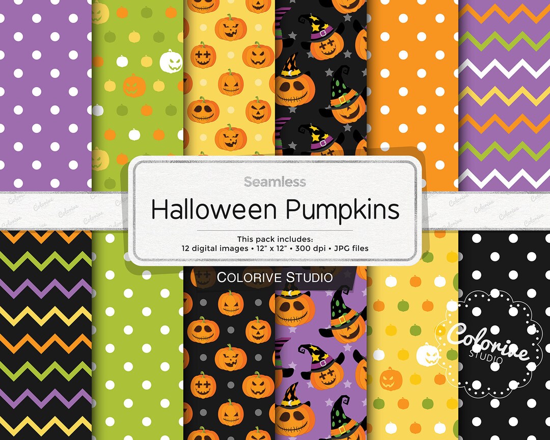 Halloween Pumpkins Digital Paper, Fun Pumpkin Patterns in Purple Green ...