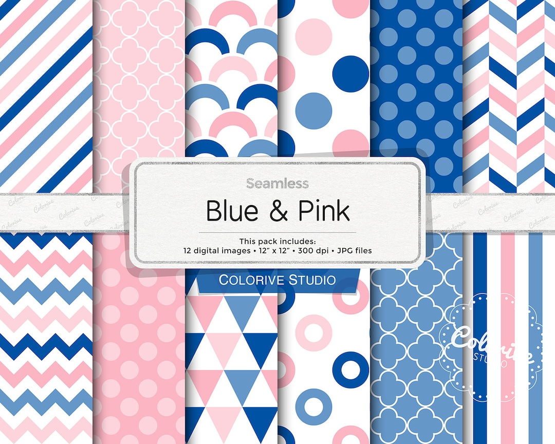 Blue & Pink Digital Paper, Polka Dot Chevron Stripes Scales Geometric ...