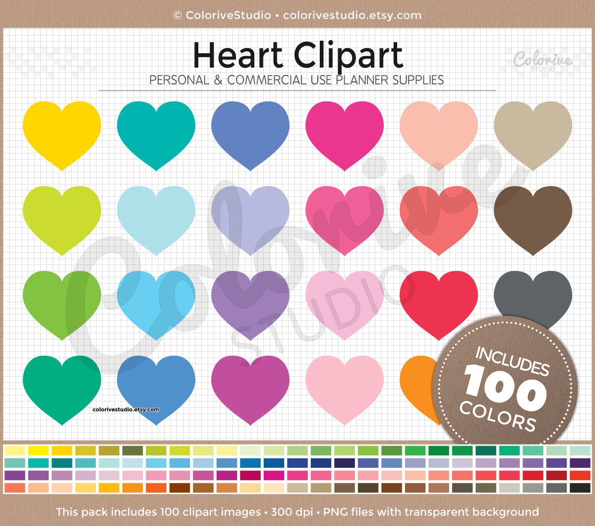 100 Heart clipart rainbow colors cute flat hearts solid love | Etsy