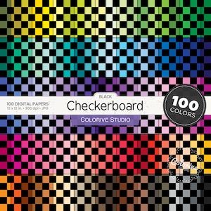 Black Checkerboard Digital Paper 100 Rainbow Colors Checkered Check ...