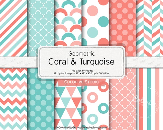 Coral & Turquoise Digital Papers Polka Dot Chevron Stripes - Etsy