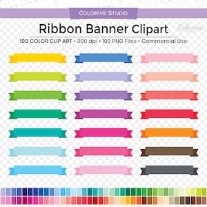 100 Ribbon Banner Clipart in Rainbow Colors Solid Straight Ribbon ...
