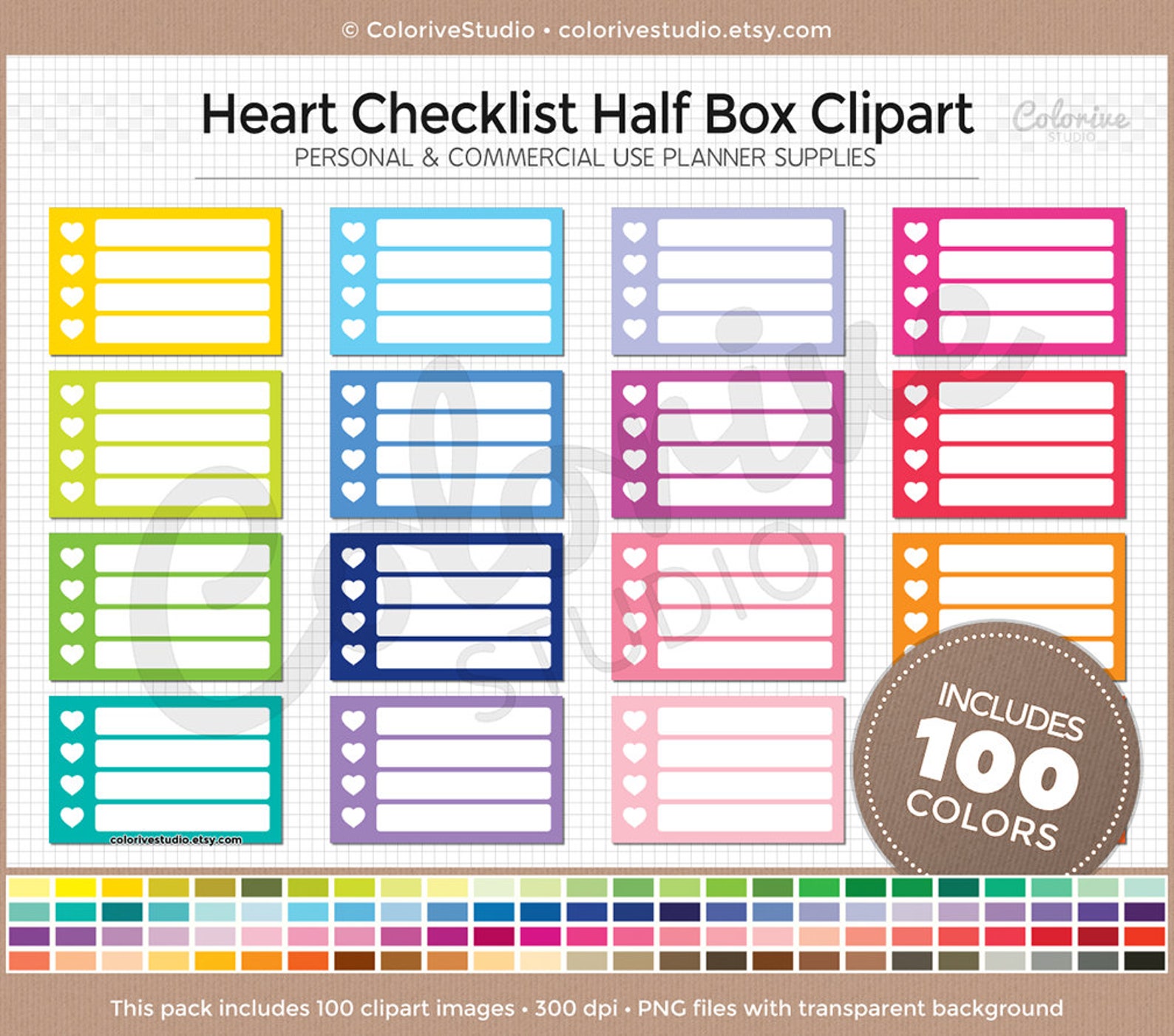 100 Heart Checklist Half Box Planner Clipart 4 Items List Erin - Etsy