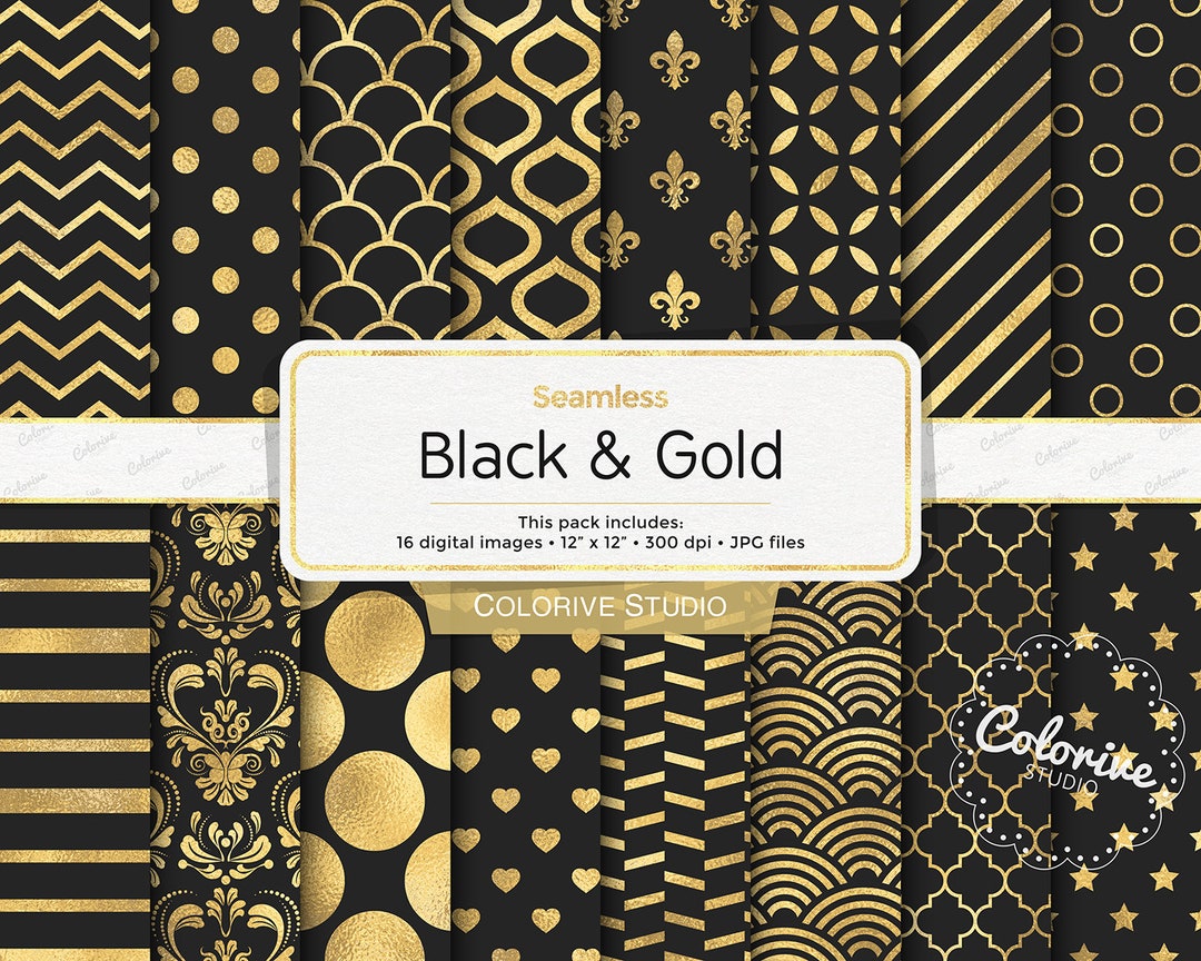 Black and Gold Digital Paper Seamless Elegant Gold Foil Patterns on ...