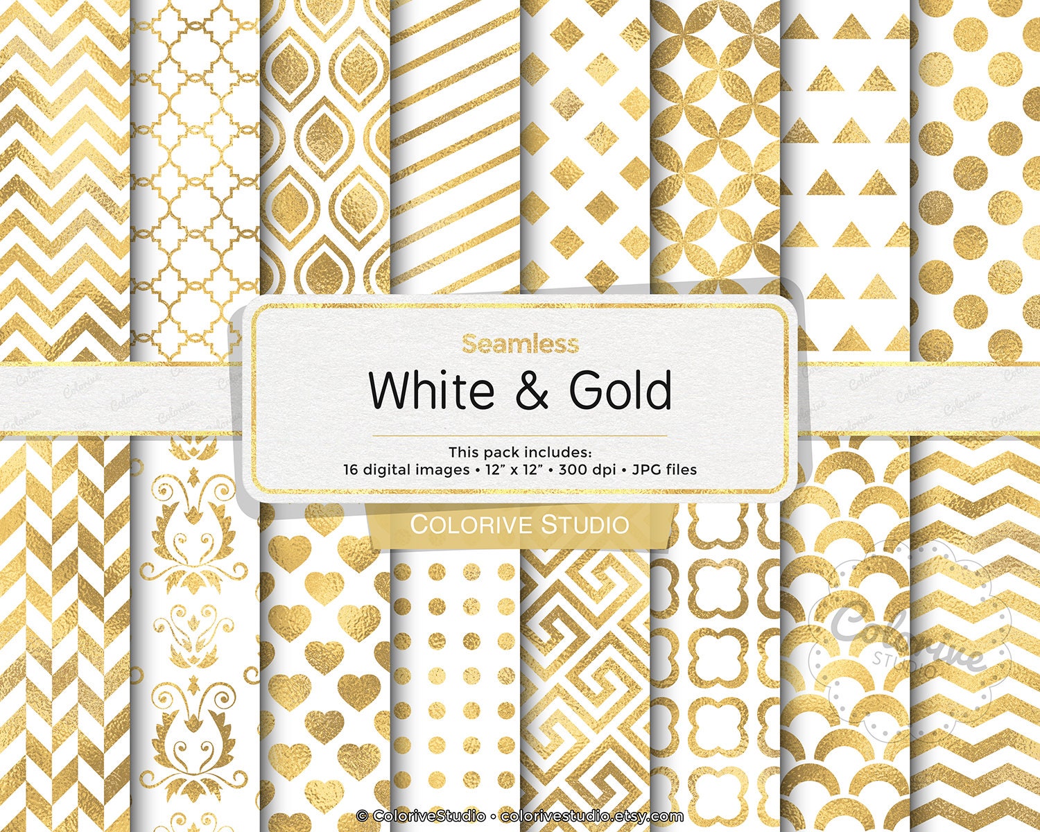 White and Gold digital paper seamless elegant gold wedding | Etsy