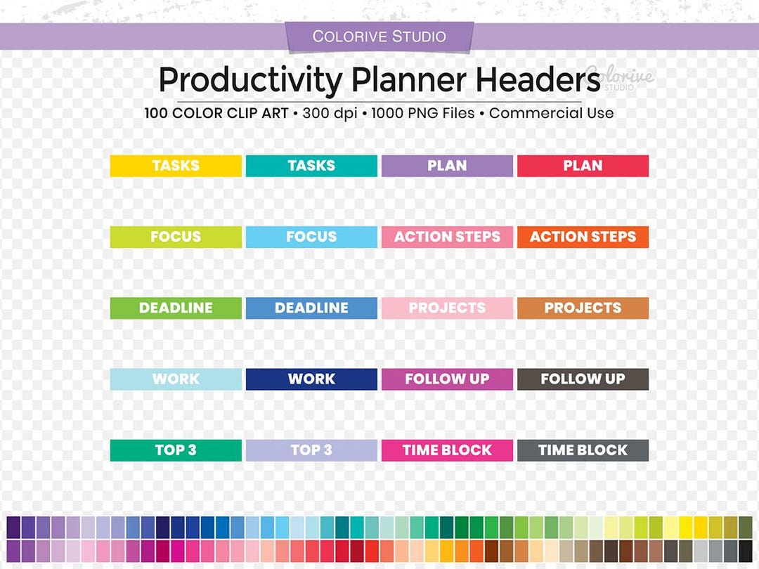 Productivity Planner Headers 100 Colors Header Stickers Clipart ...