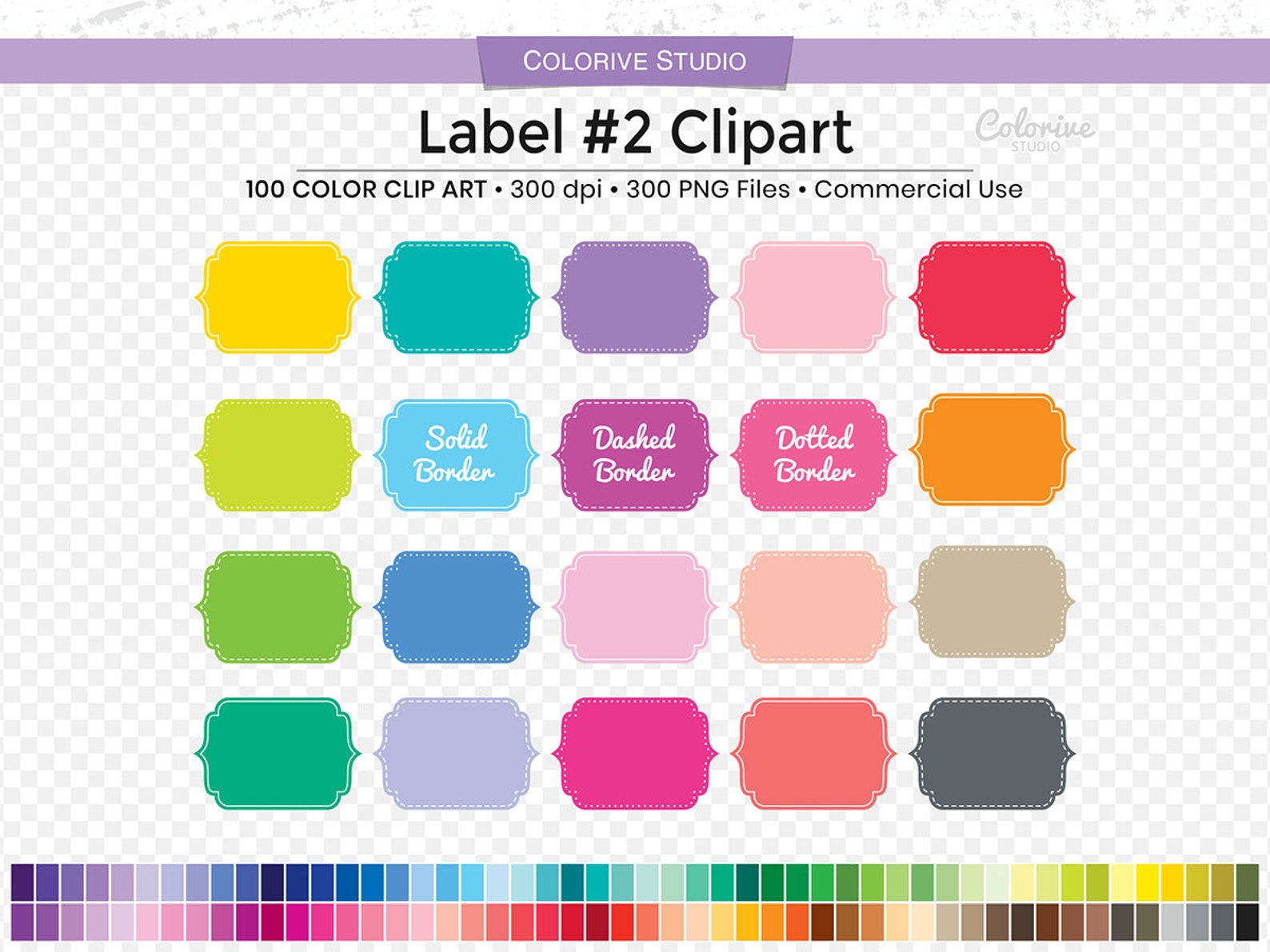 300 Bracket Label Clipart in Rainbow Colors With Solid, Dashed and ...