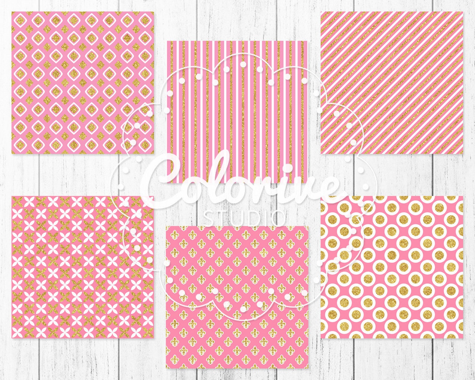 Pink & Gold Glitter digital paper geometric patterns in white | Etsy