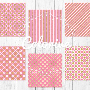 Pink & Gold Glitter Digital Paper, Geometric Patterns in White Pink and ...