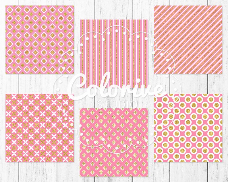 Pink & Gold Glitter Digital Paper Geometric Patterns in White | Etsy
