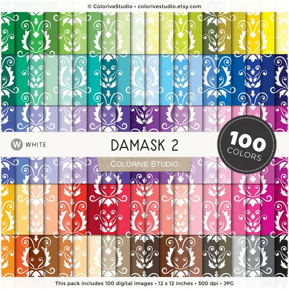 Damask 2 digital paper 100 rainbow colors elegant vintage | Etsy