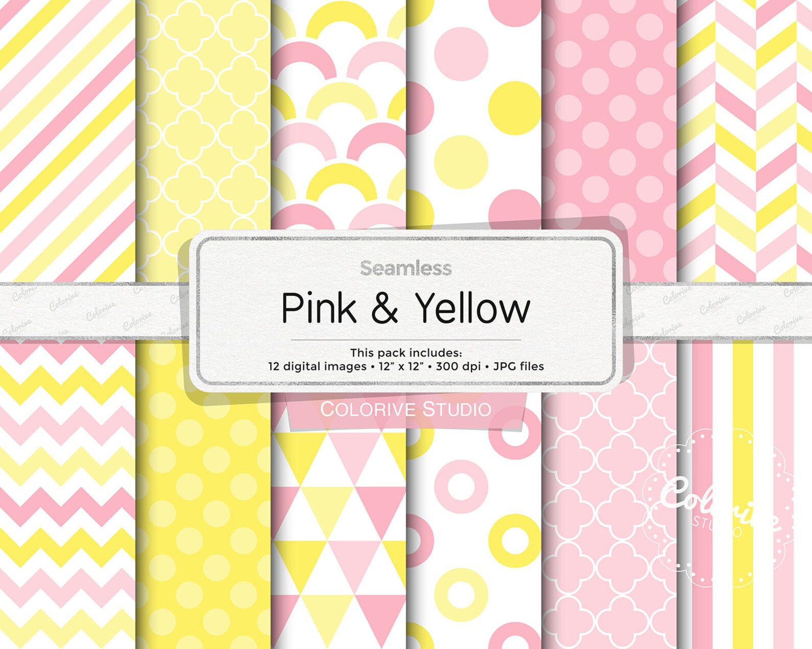 Pink & Yellow Digital Paper Polka Dot Chevron Stripes Scales Geometric ...
