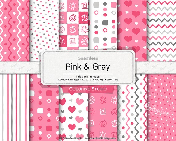 Pink & Gray Digital Paper Hand-drawn Hearts Dots Stripes - Etsy