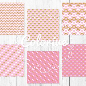 Pink & Gold Glitter Digital Paper, Geometric Patterns in White Pink and ...