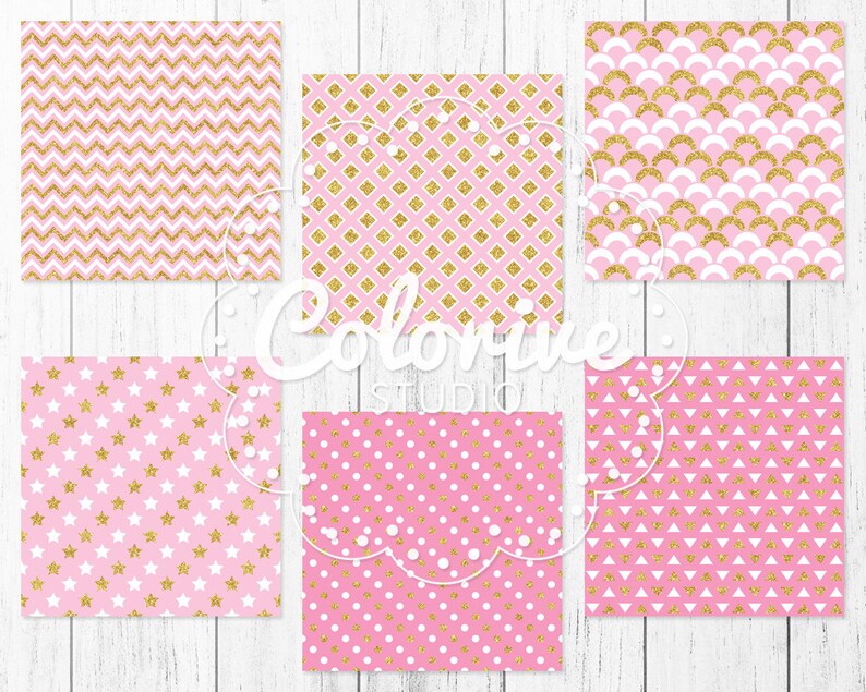 Pink & Gold Glitter Digital Paper Geometric Patterns in White | Etsy