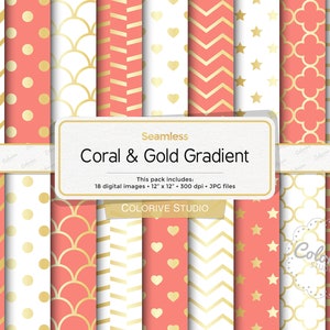 Coral, White & Gold Digital Paper, White and Gold, Coral and Gold ...
